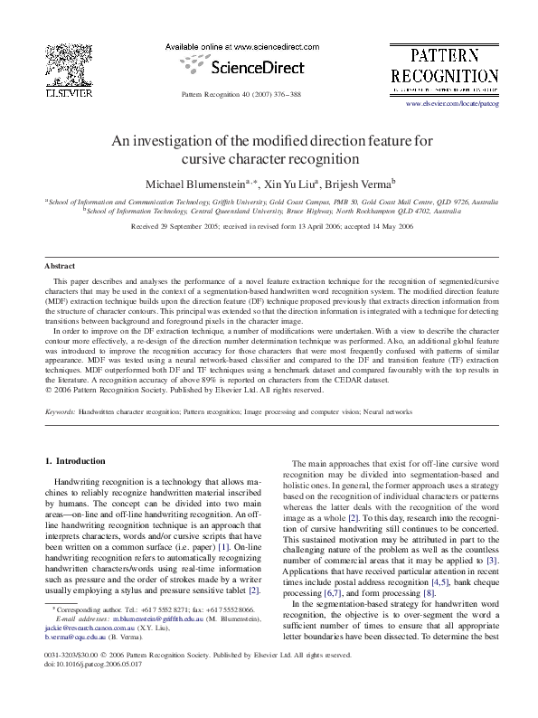 Pdf An Investigation Of The Modified Direction Feature For Cursive