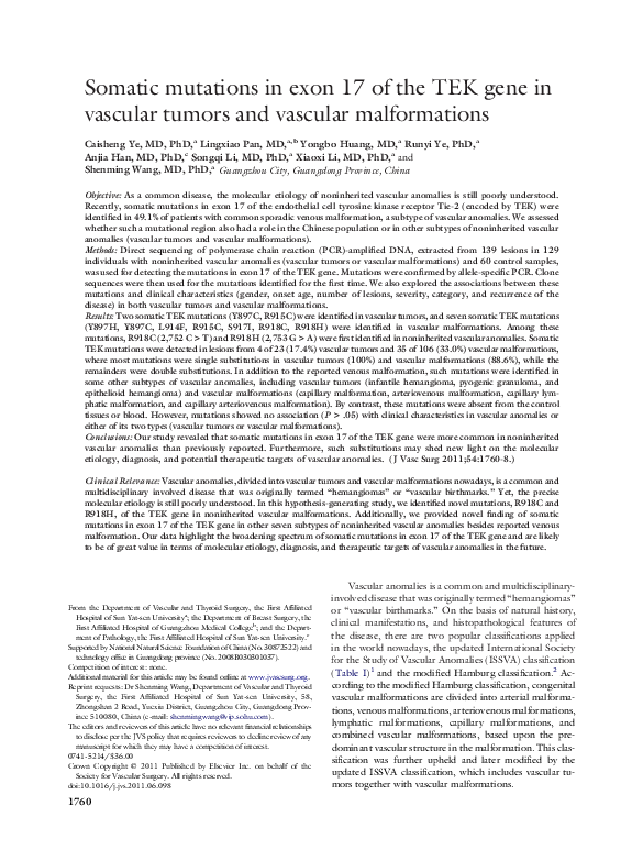 (PDF) Somatic mutations in exon 17 of the TEK gene in vascular tumors ...