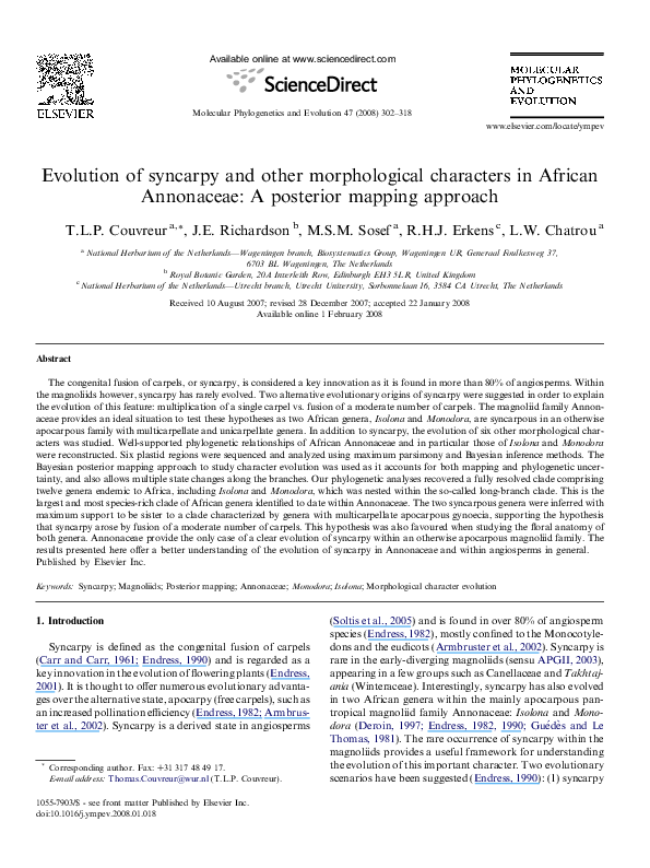 (PDF) Evolution of syncarpy and other morphological characters in ...