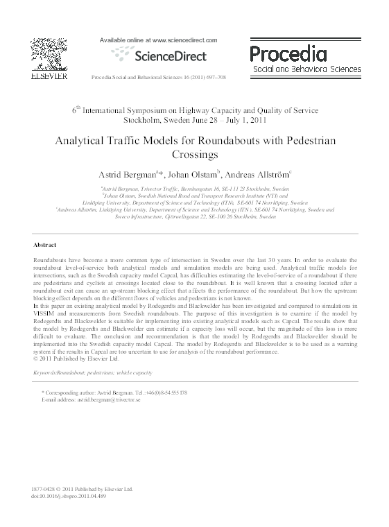 (PDF) Analytical Traffic Models for Roundabouts with Pedestrian Crossings