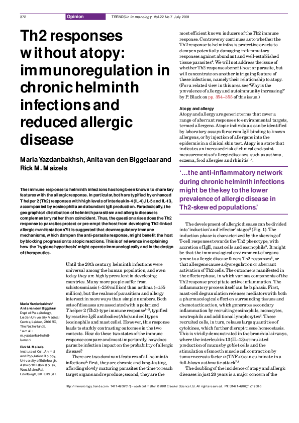 (PDF) Th2 responses without atopy: immunoregulation in chronic helminth ...