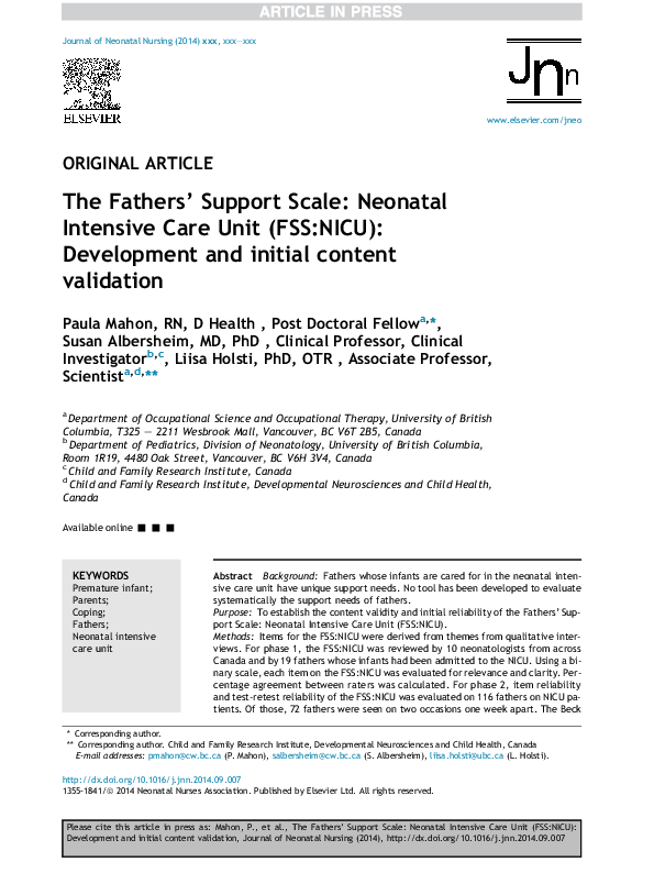 (PDF) The Fathers' Support Scale: Neonatal Intensive Care Unit (FSS ...