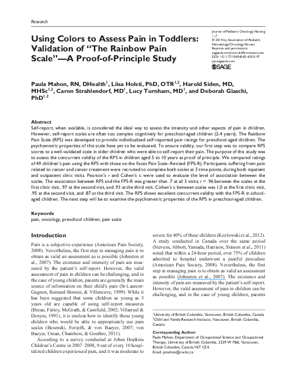 (PDF) Using Colors to Assess Pain in Toddlers: Validation of "The ...
