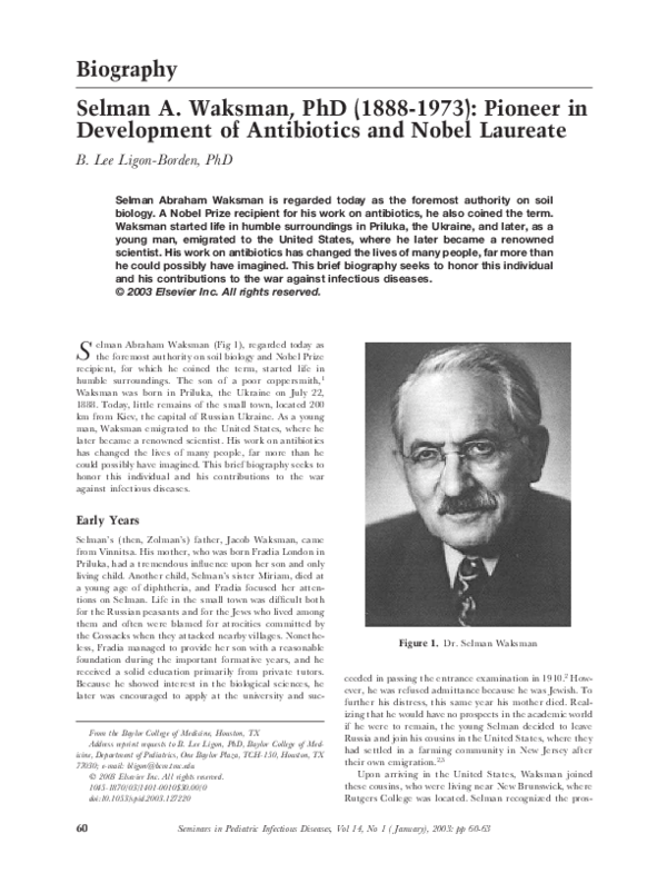 (PDF) Biography: Selman A. Waksman, PhD (1888-1973): Pioneer in ...