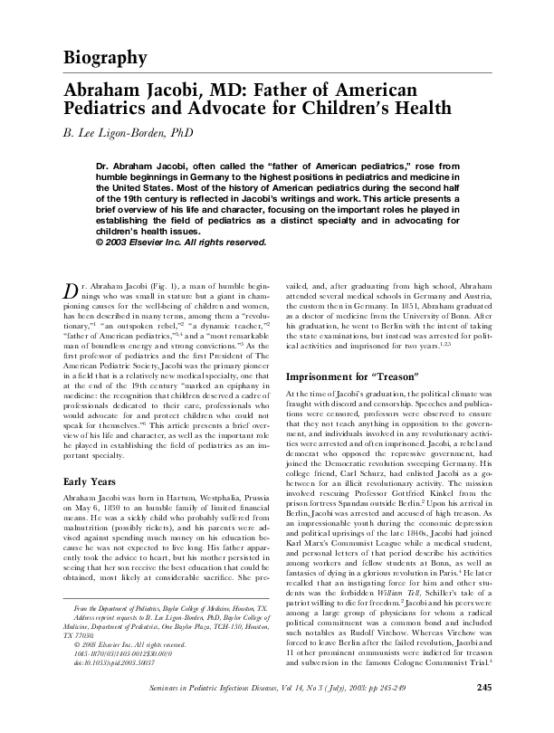 (PDF) Abraham Jacobi, MD: father of american pediatrics and advocate ...
