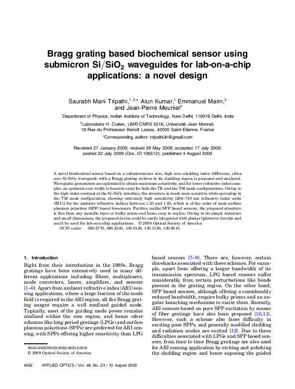Pdf Bragg Grating Based Biochemical Sensor Using Submicron Sisio2 Waveguides For Lab On A