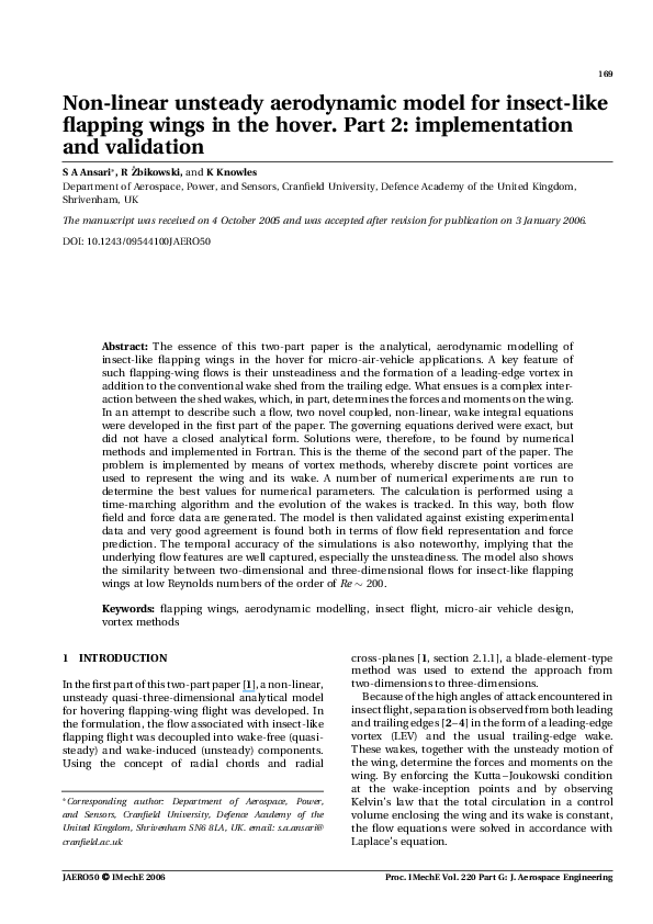(PDF) Non-linear unsteady aerodynamic model for insect-like flapping wings in the hover. Part 1 ...