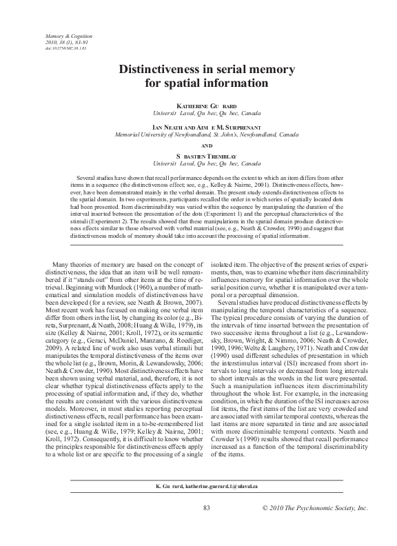 Pdf Distinctiveness In Serial Memory For Spatial Information