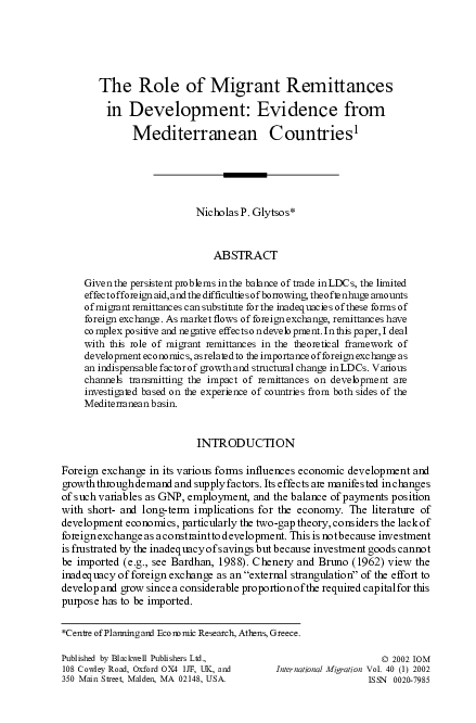 (PDF) The Role of Migrant Remittances in Development: Evidence from Mediterranean Countries