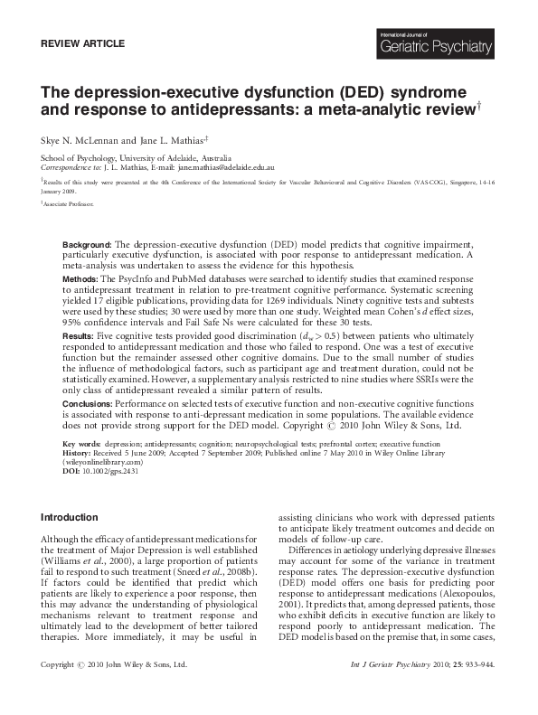 (PDF) The depression-executive dysfunction (DED) syndrome and response ...