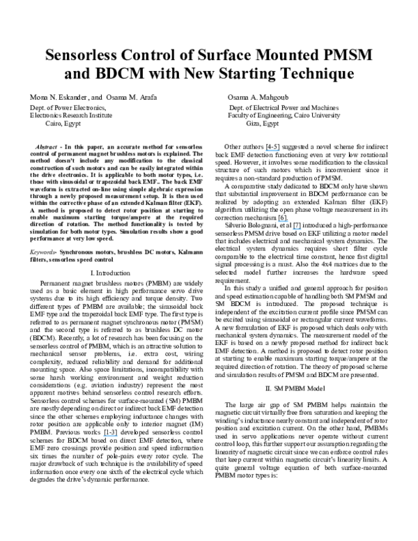 Pdf Sensorless Control Of Surface Mounted Pmsm And Bdcm With New Starting Technique