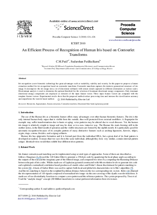 Pdf An Efficient Process Of Recognition Of Human Iris Based On