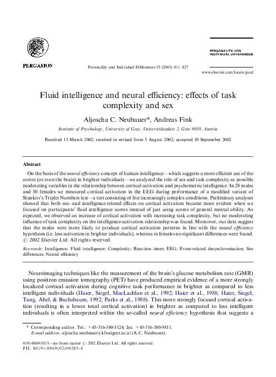Pdf Fluid Intelligence And Neural Efficiency Effects Of Task Complexity And Sex