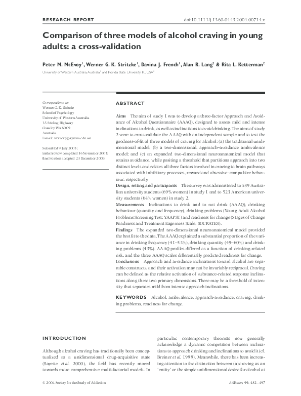 (PDF) Comparison of three models of alcohol craving in young adults: a ...