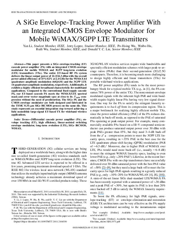 Pdf A Sige Envelope Tracking Power Amplifier With An Integrated Cmos Envelope Modulator For