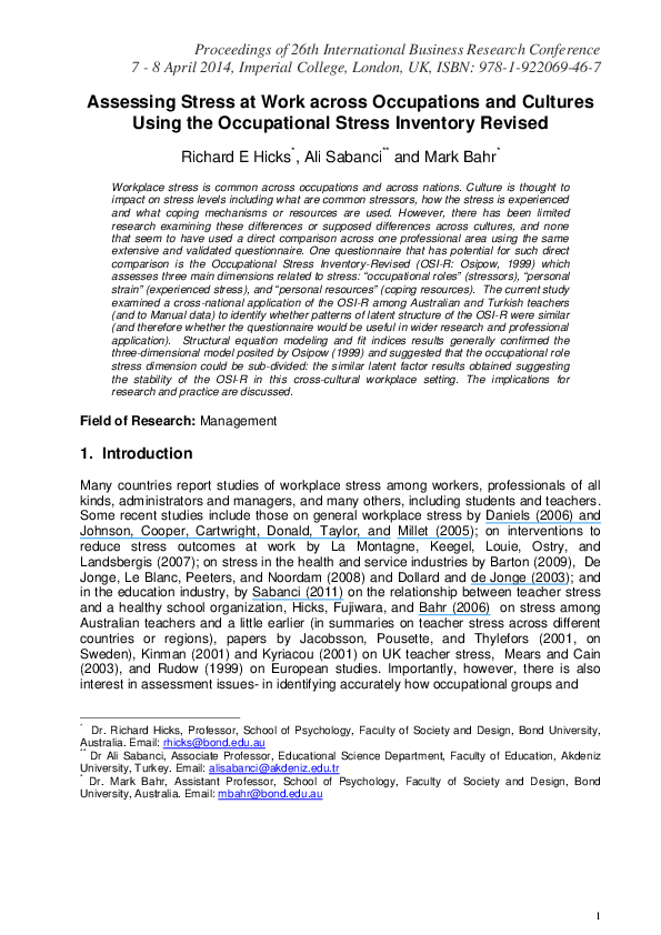 (PDF) Assessing Stress at Work across Occupations and Cultures Using ...
