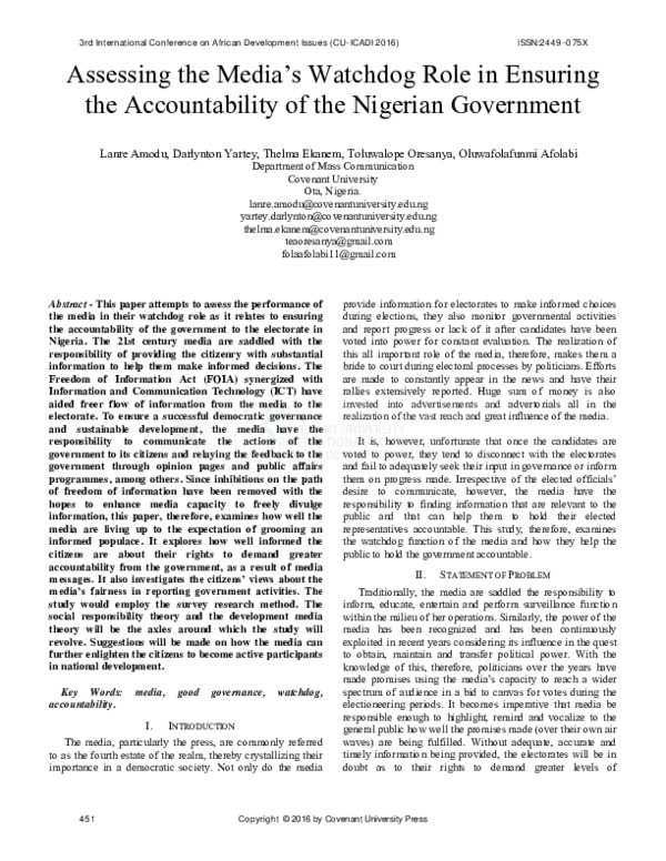 (PDF) Assessing the Media's Watchdog Role in Ensuring the ... (PDF) Assessing the Media's Watchdog Role in Ensuring the ...
