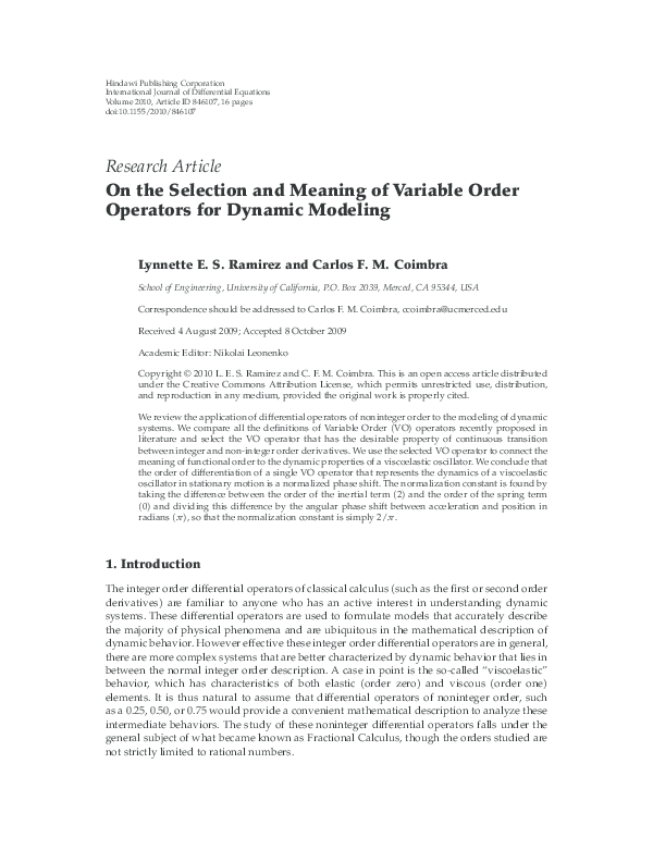 (PDF) On the selection and meaning of variable order operators for dynamic modeling