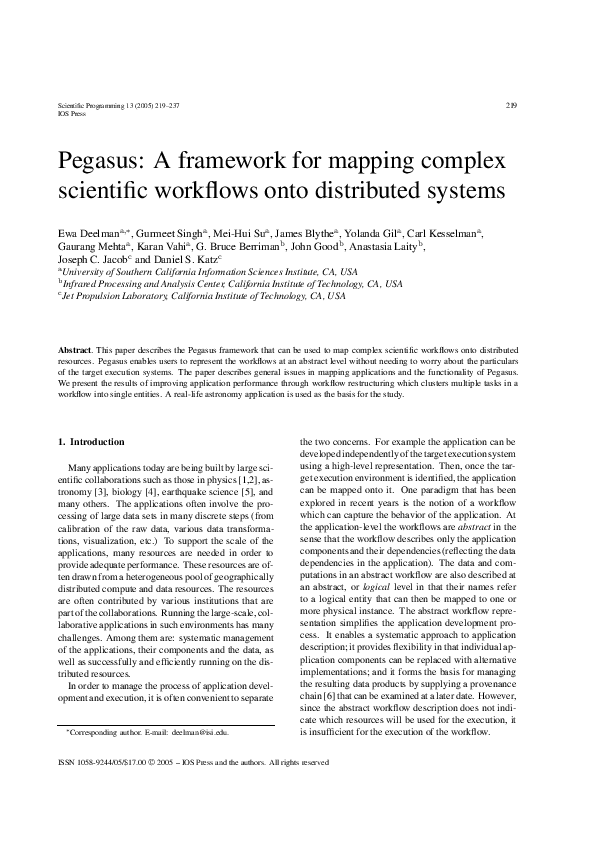 (PDF) Pegasus: A framework for mapping complex scientic workflows onto distributed systems