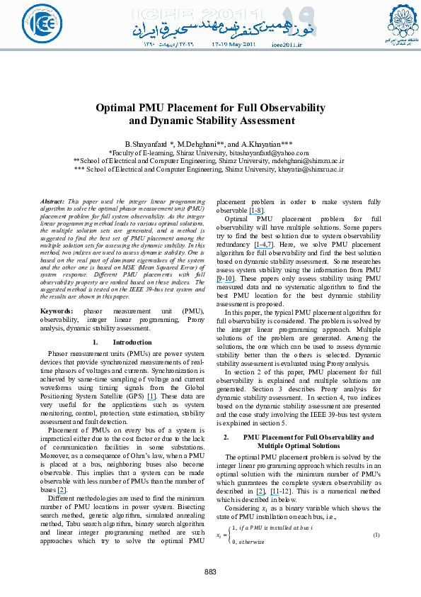 (PDF) Optimal PMU placement for full observability and dynamic stability assessment