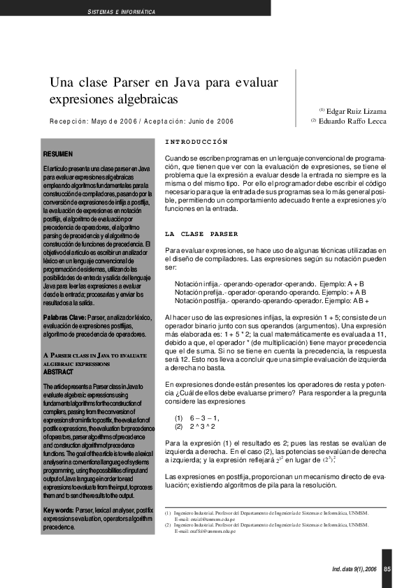 (PDF) Una clase Parser en Java para evaluar expresiones algebraicas