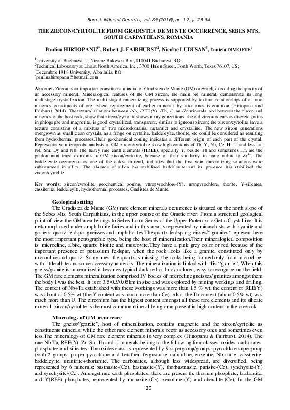 (PDF) THE ZIRCON/CYRTOLITE FROM GRADISTEA DE MUNTE OCCURRENCE, SEBES ...