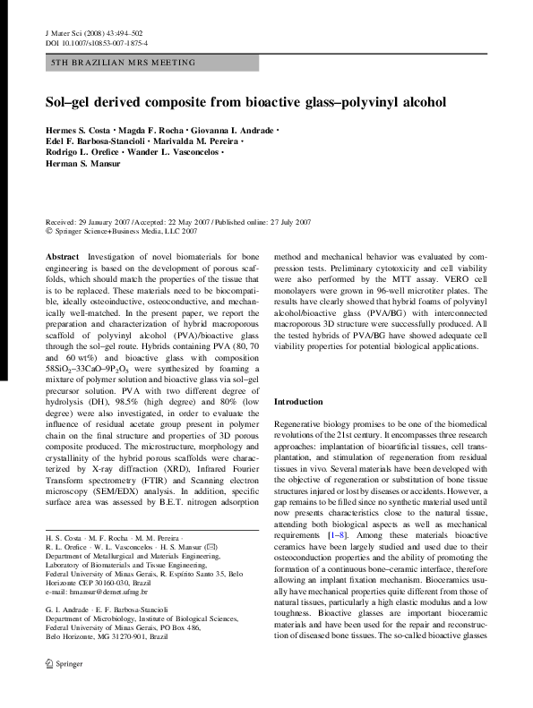 (PDF) Sol–gel derived composite from bioactive glass–polyvinyl alcohol