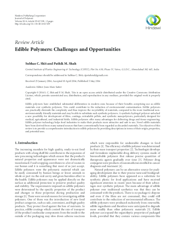 (PDF) Edible Polymers: Challenges and Opportunities