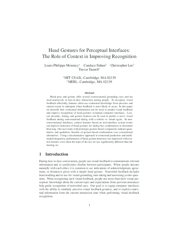 (PDF) Head gestures for perceptual interfaces: The role of context in improving recognition