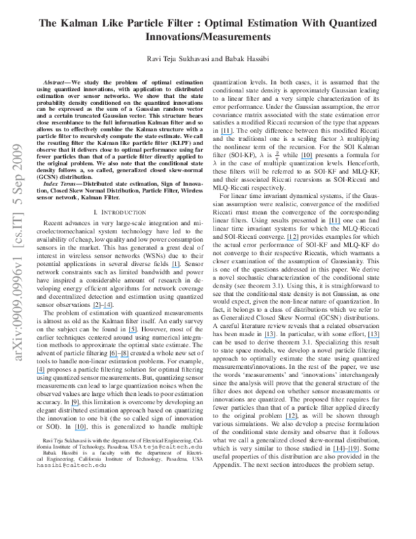 (PDF) The Kalman Like Particle Filter : Optimal Estimation With ...