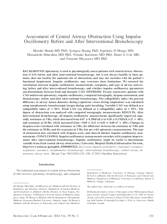Pdf Assessment Of Central Airway Obstruction Using Impulse Oscillometry Before And After