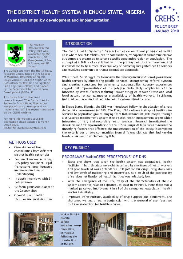 (PDF) The District Health System in Enugu State, Nigeria: An analysis ...