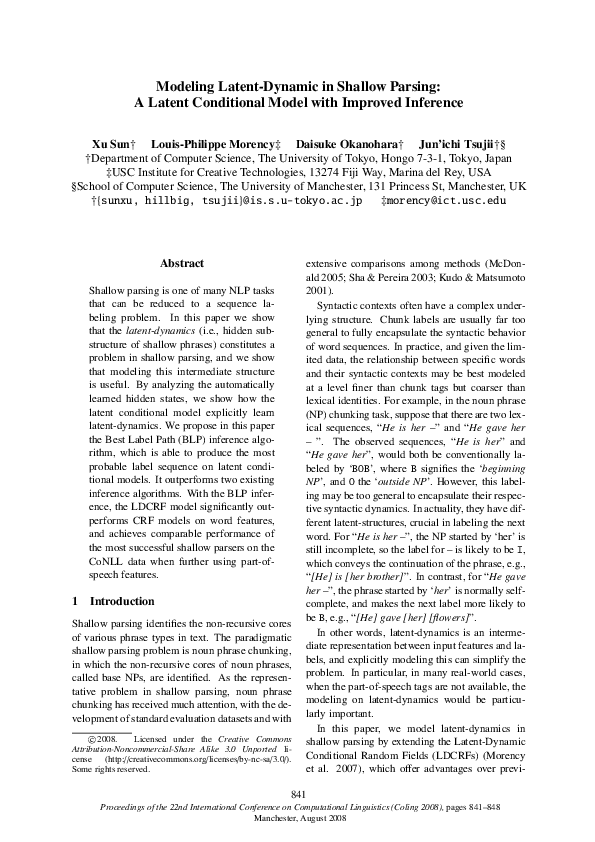 Pdf Modeling Latent Dynamic In Shallow Parsing A Latent Conditional Model With Improved Inference