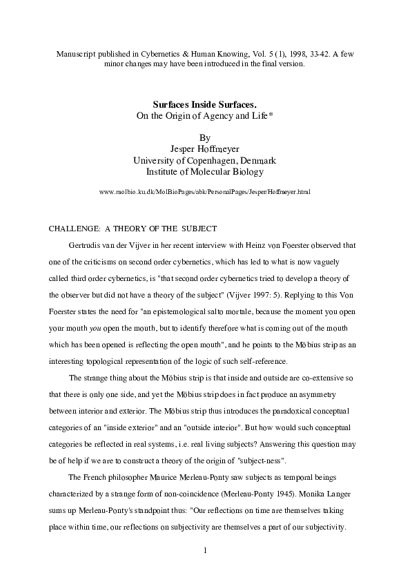 (PDF) Surfaces Inside Surfaces. On the Origin of Agency and Life