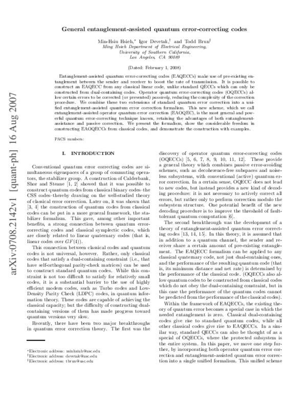 Pdf General Entanglement Assisted Quantum Error Correcting Codes 