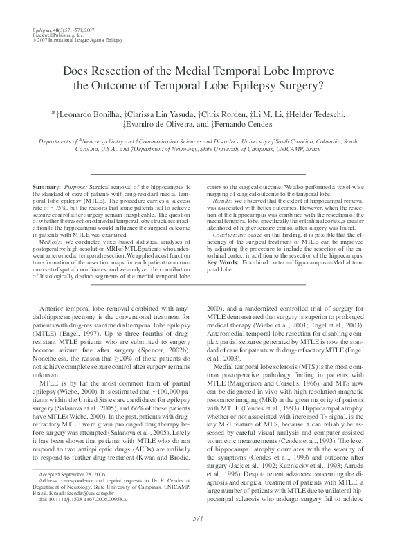 (PDF) Does Resection of the Medial Temporal Lobe Improve the Outcome of ...