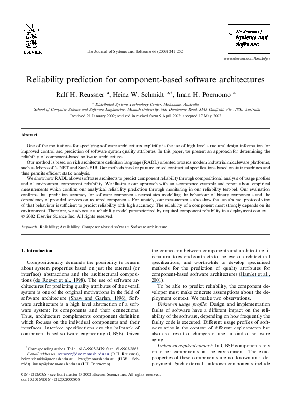 Pdf Reliability Prediction For Component Based Software Architectures