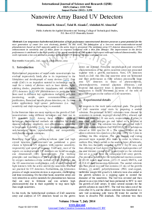 Pdf Nanowire Array Based Uv Detectors