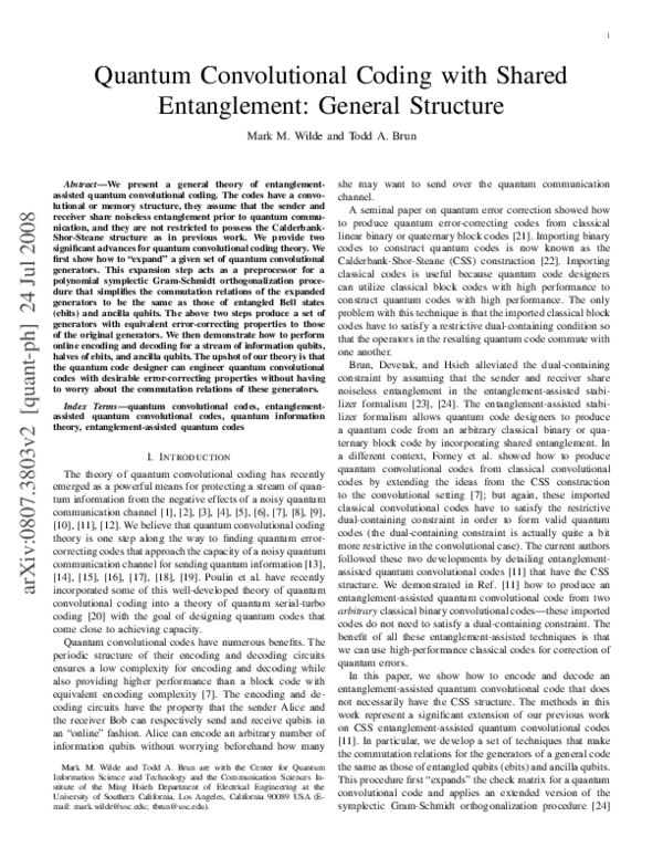 (PDF) Quantum convolutional coding with shared entanglement: general structure