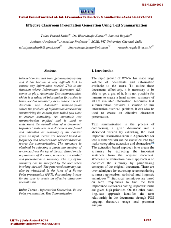 (PDF) Effective Classroom Presentation Generation Using Text Summarization