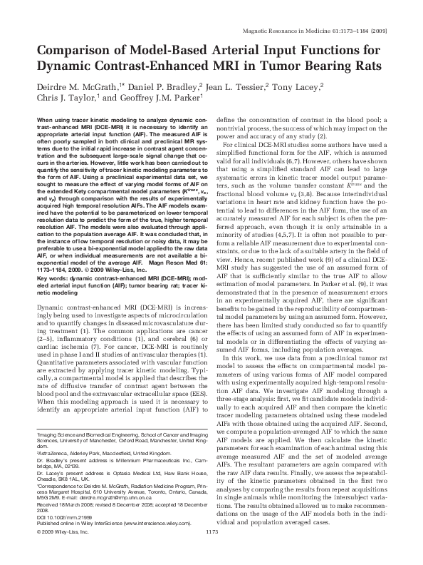 Pdf Comparison Of Model Based Arterial Input Functions For Dynamic Contrast Enhanced Mri In