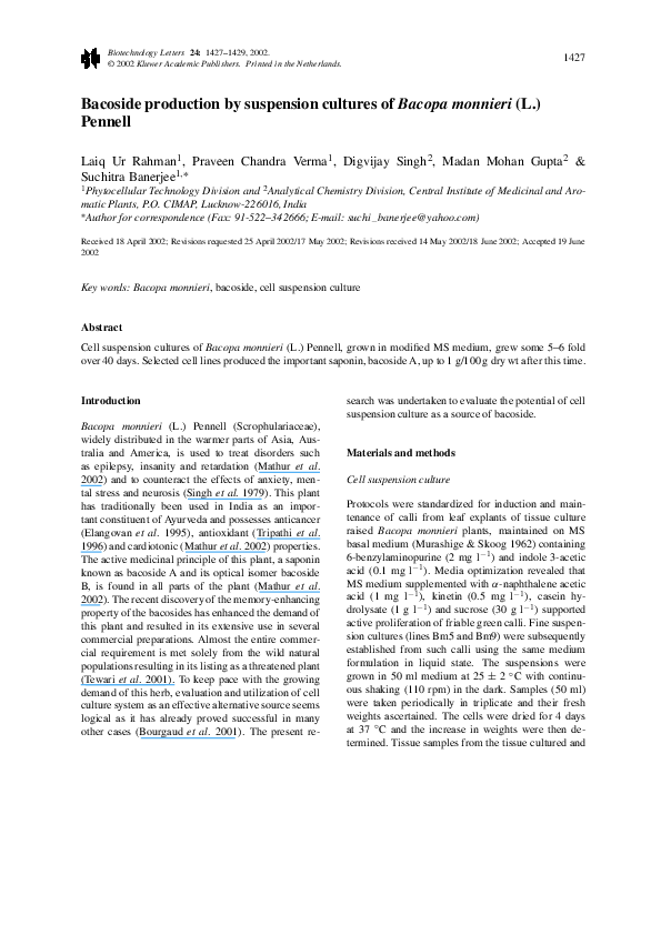 (PDF) Bacoside Production by Suspension Cultures of Bacopa Monnieri (L.) Pennell