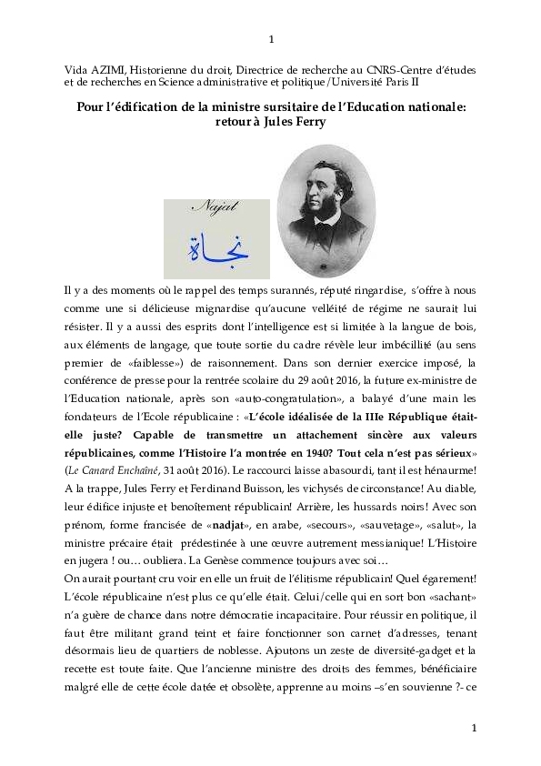 (PDF) Pour l'édification de la ministre sursitaire de l'Education nationale: retour à Jules ...