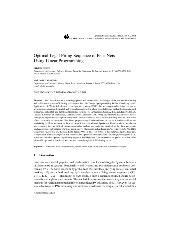 (PDF) Optimal Legal Firing Sequence of Petri Nets Using Linear Programming