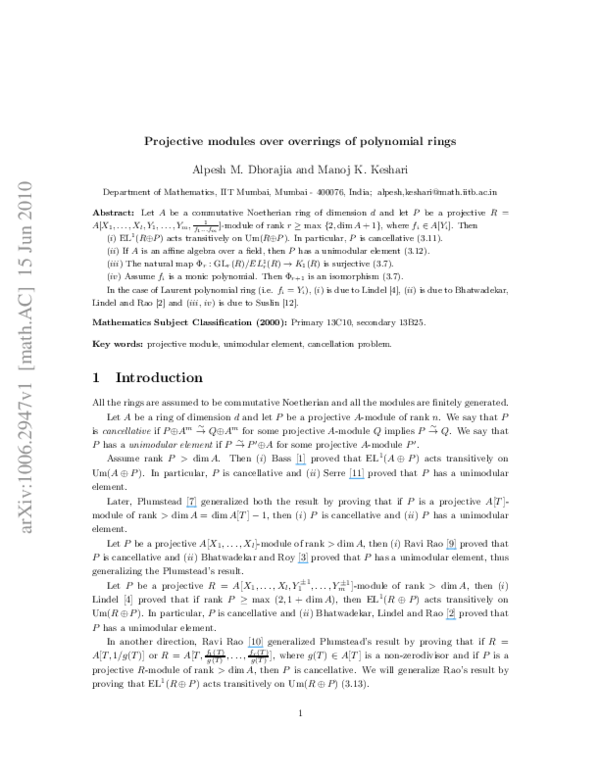 (PDF) Projective modules over overrings of polynomial rings