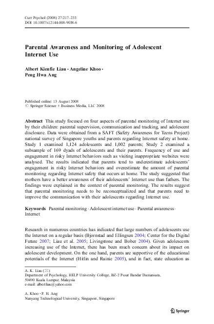(PDF) Parental Awareness and Monitoring of Adolescent Internet Use