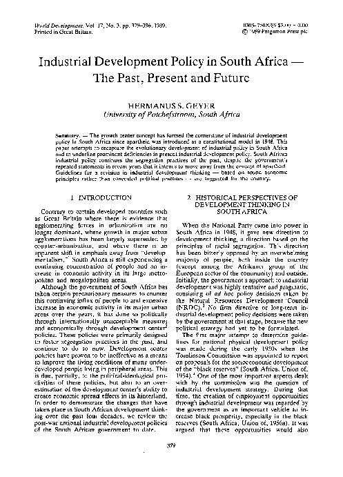(PDF) Industrial development policy in South Africa -- the past ...
