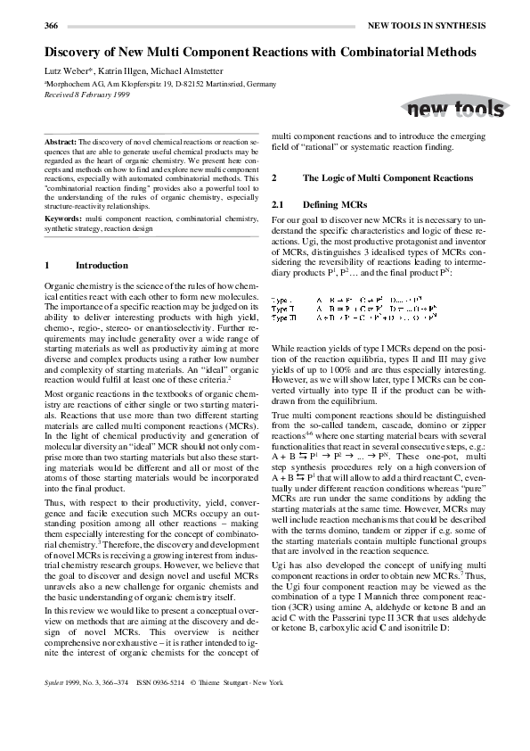 (PDF) Discovery of New Multi Component Reactions with Combinatorial Methods