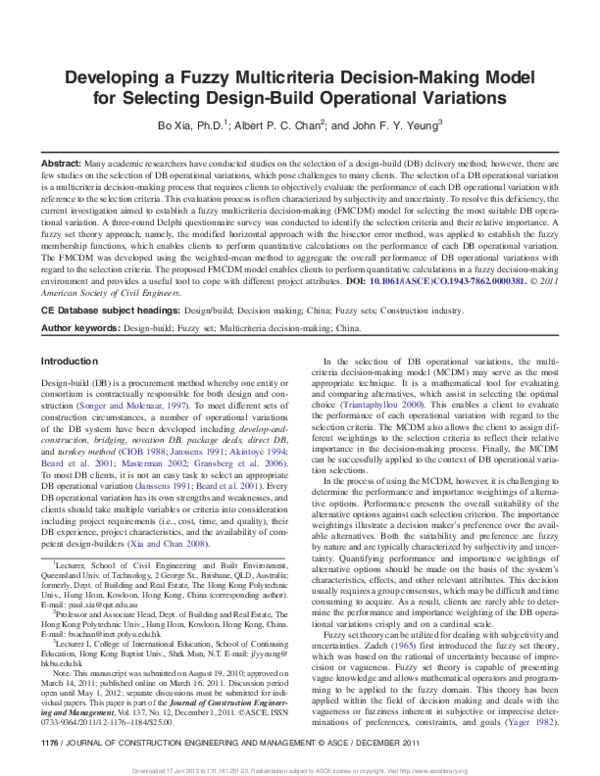 (PDF) Developing a Fuzzy Multicriteria Decision-Making Model for Selecting Design-Build ...