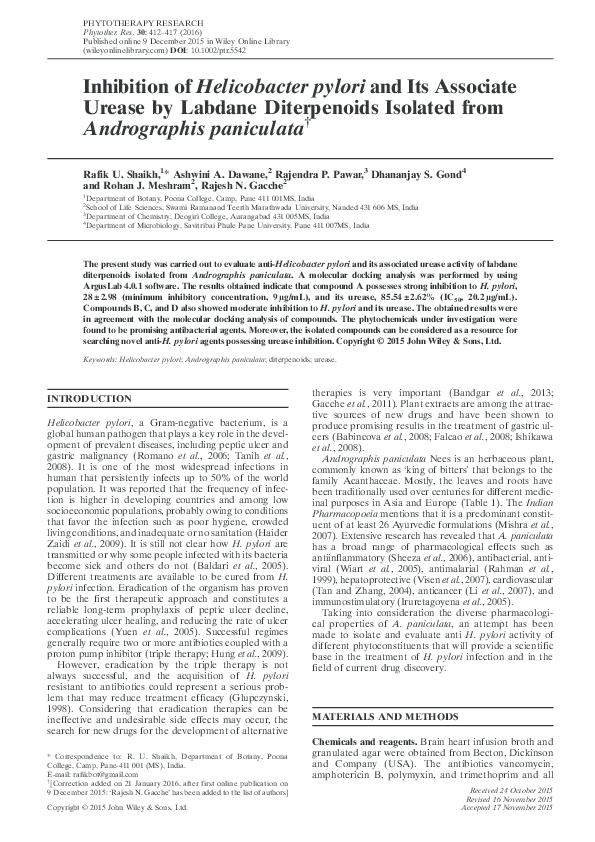 (PDF) Inhibition of Helicobacter pylori and Its Associate Urease by ...